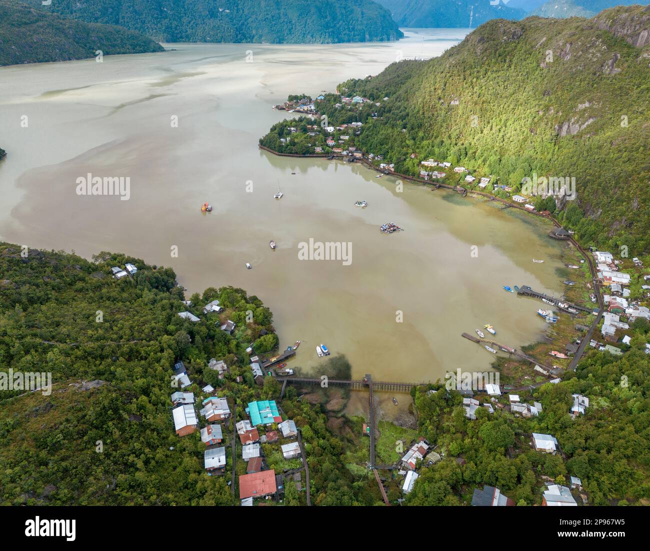 Drone view of Caleta Tortel with its small cabins - Discovering the ...