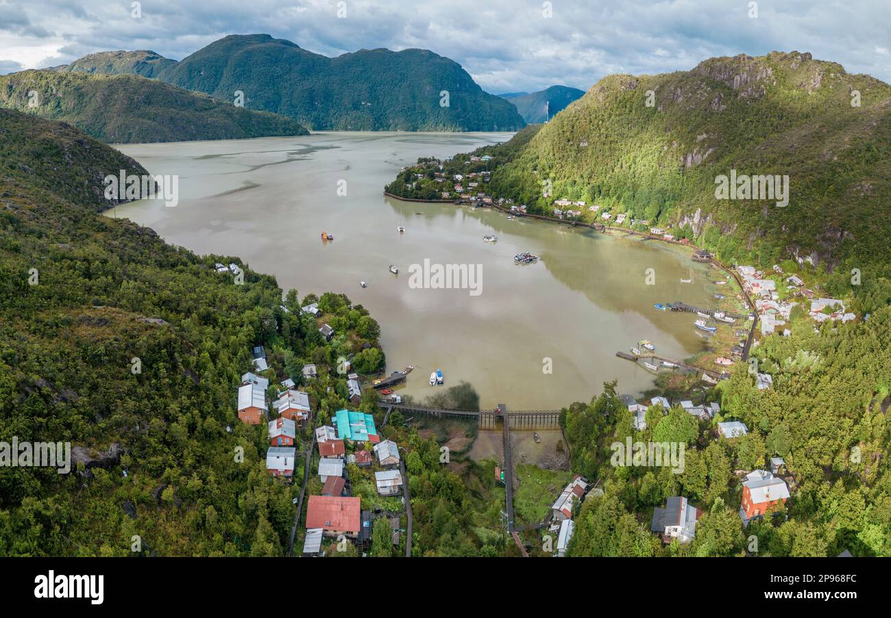 Drone view of Caleta Tortel with its small cabins - Discovering the ...
