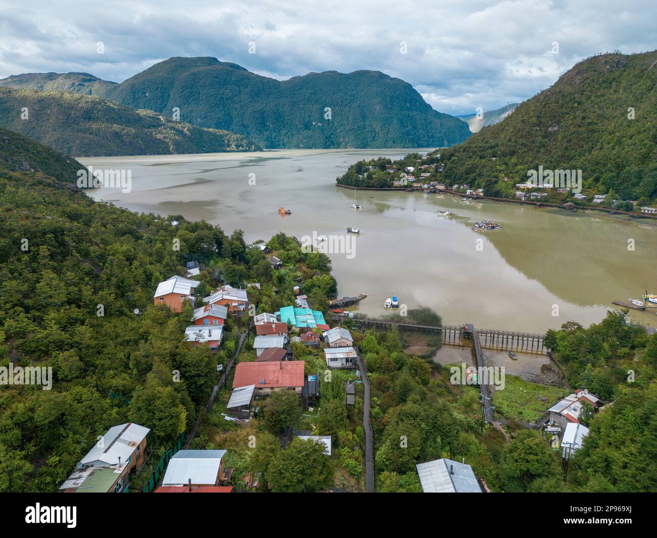 Drone view of Caleta Tortel with its small cabins - Discovering the ...
