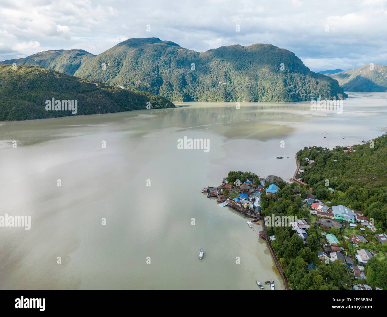 Drone view of Caleta Tortel with its small cabins - Discovering the ...