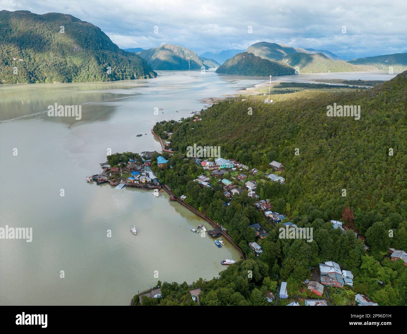 Drone view of Caleta Tortel with its small cabins - Discovering the ...