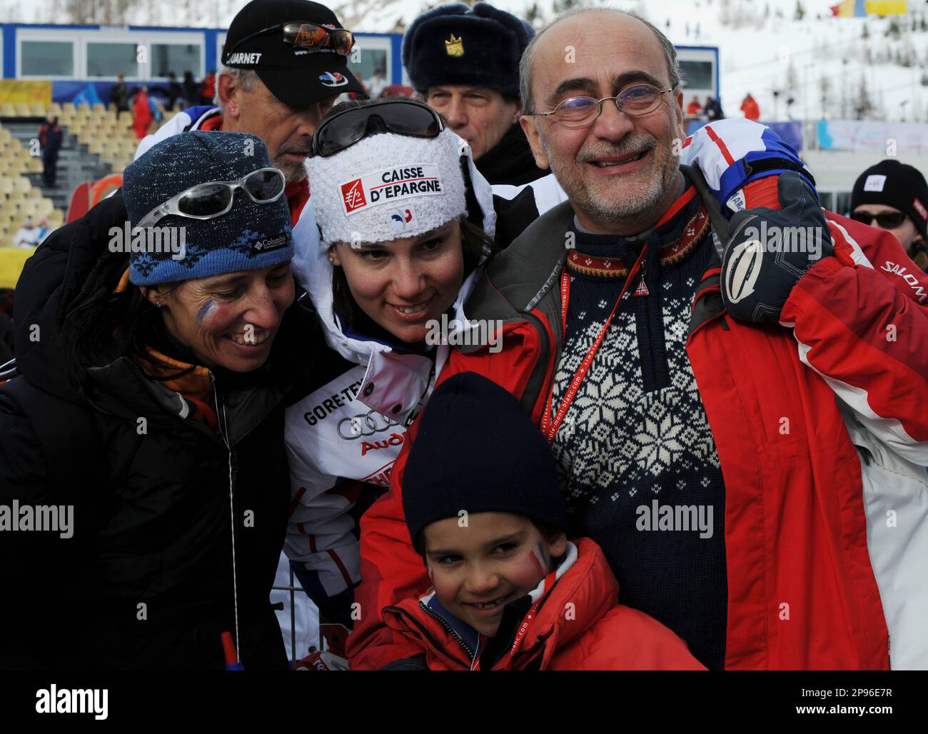France's Marie Marchand-Arvier, center, celebrates her second place ...