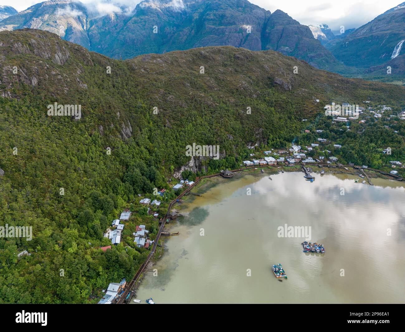 Drone view of Caleta Tortel with its small cabins - Discovering the ...