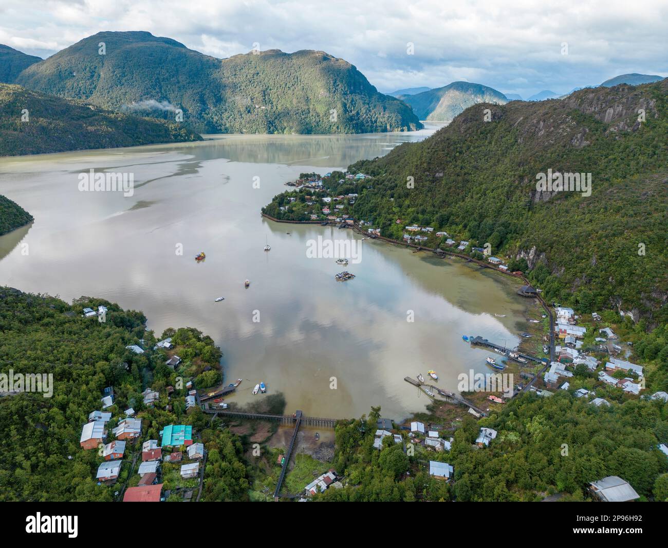 Drone view of Caleta Tortel with its small cabins - Discovering the ...