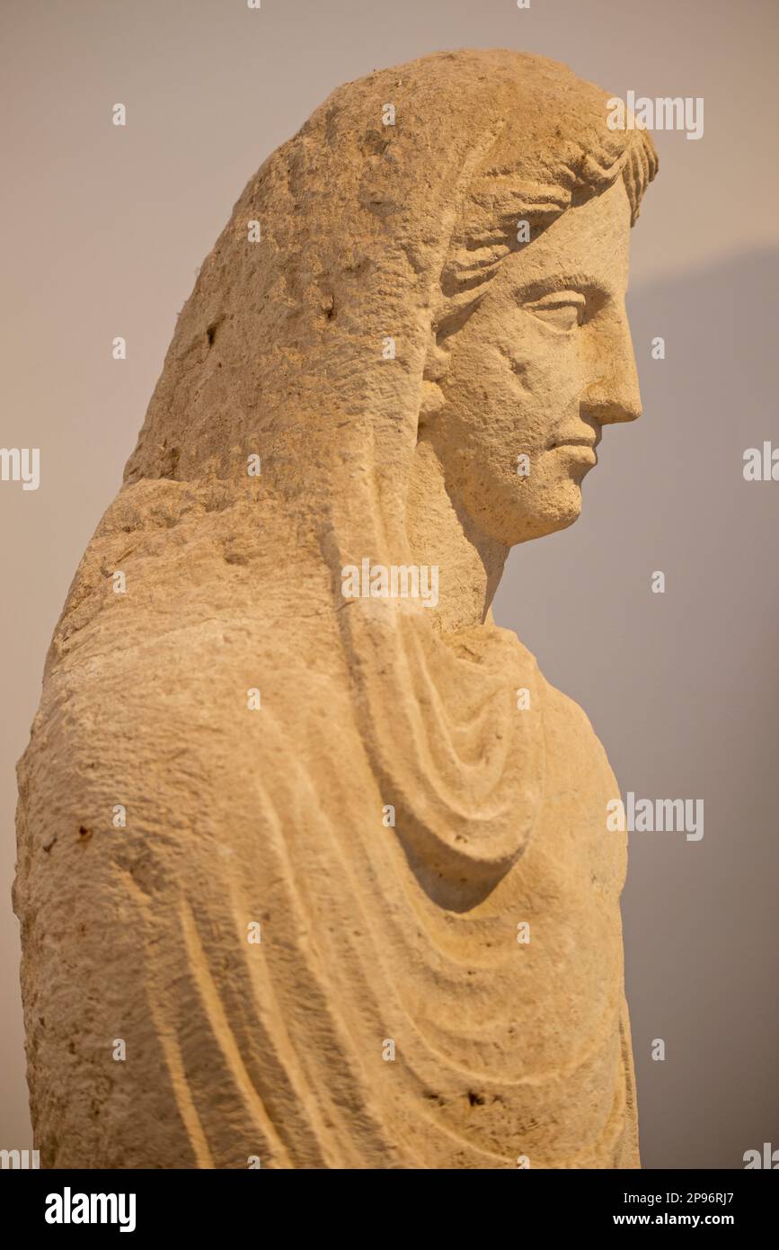 Ornately carved limestone Roman funerary sculpture of a woman, from ...