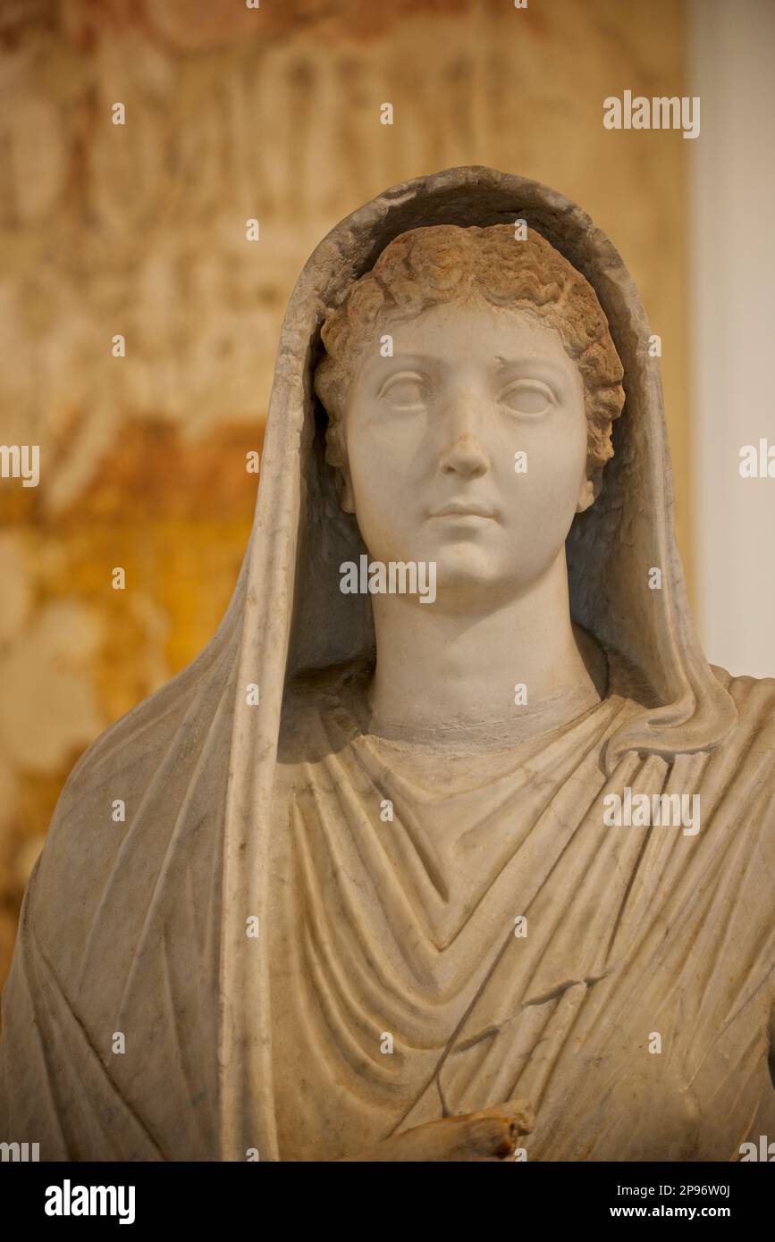 Detail of Roman statue of a woman with a headcloth excavated from the ...