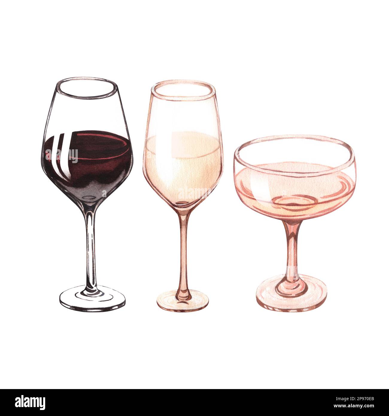 Watercolor white and red wine in a wineglass. Alcoholic drink hand ...