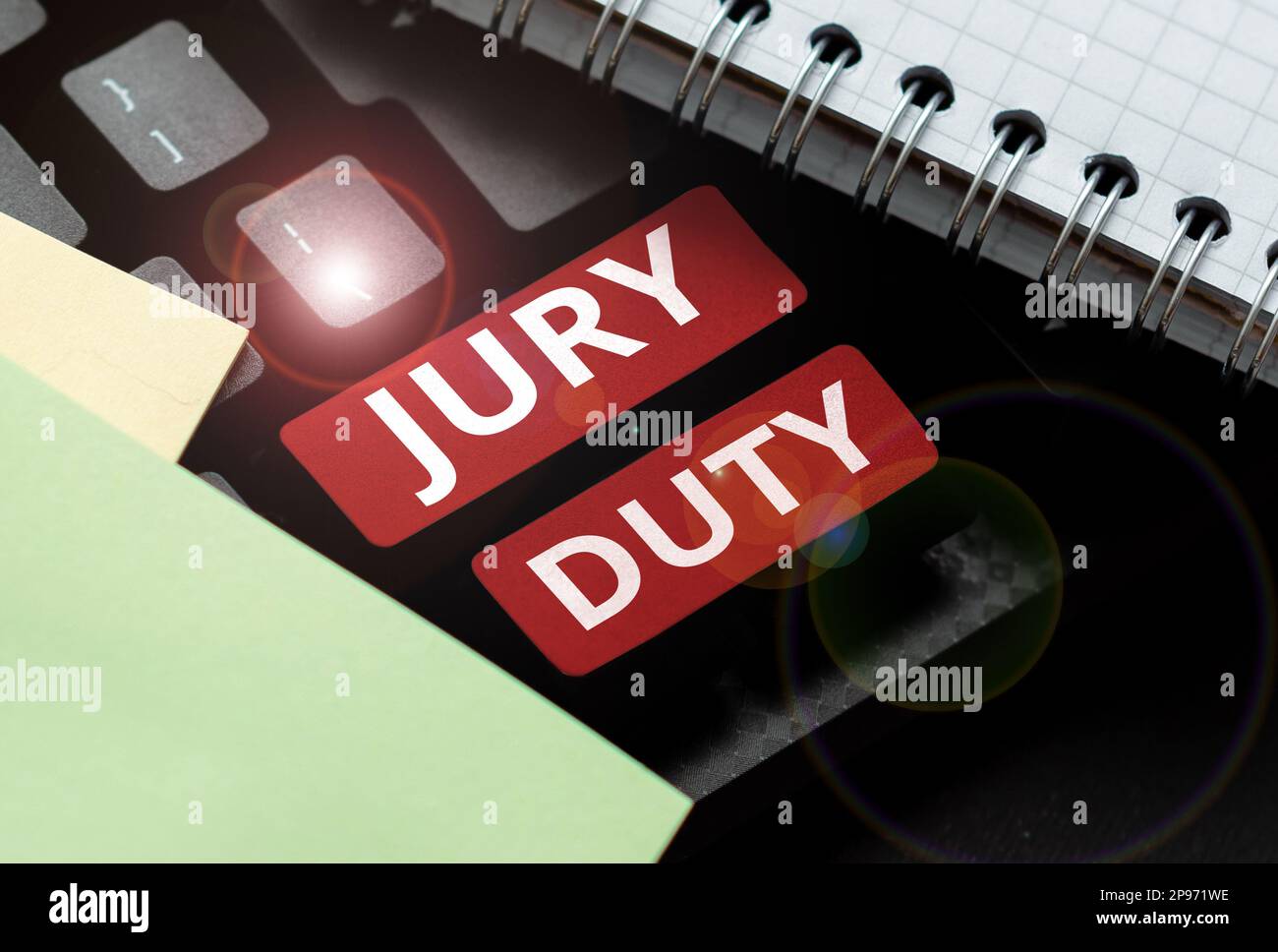 Sign displaying Jury Duty. Word Written on obligation or a period of ...