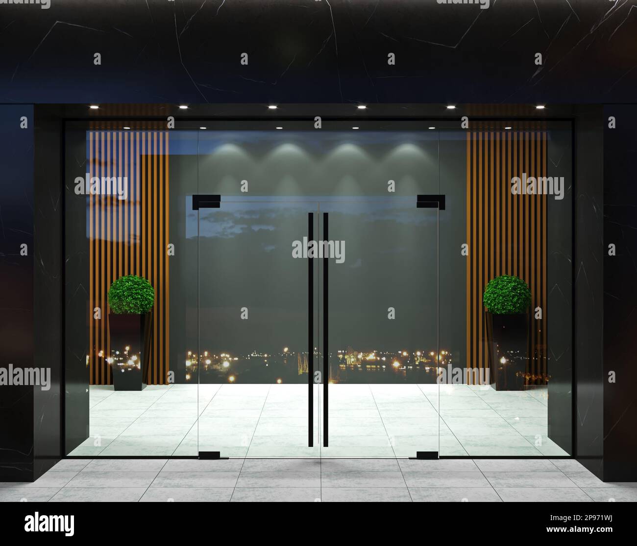 3d illustration. Glass partition and doors in office or shop hall Stock ...