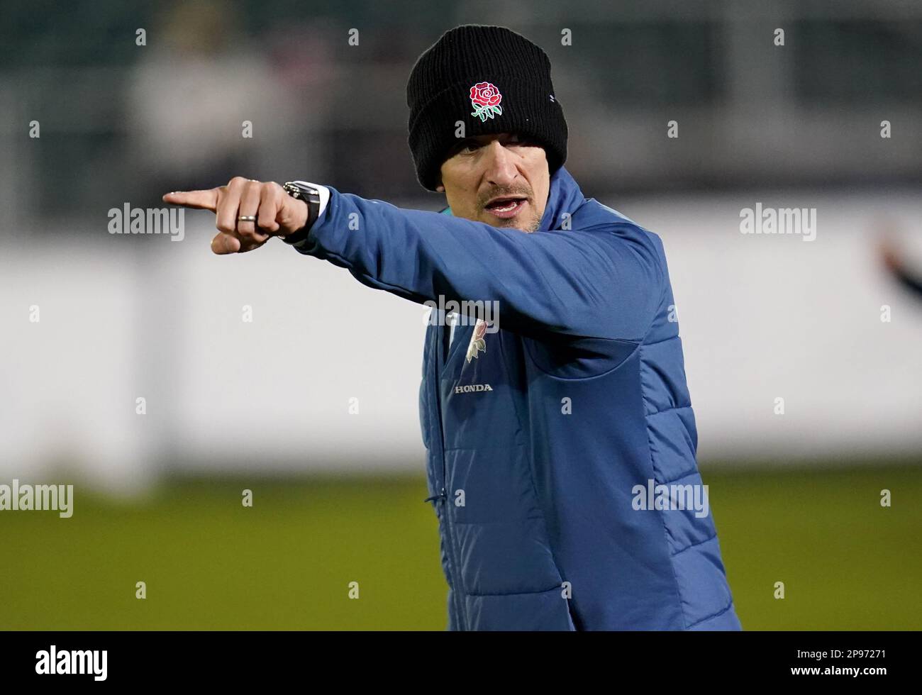 England’s Alan Dickens gestures ahead of the U20's Six Nations match at ...