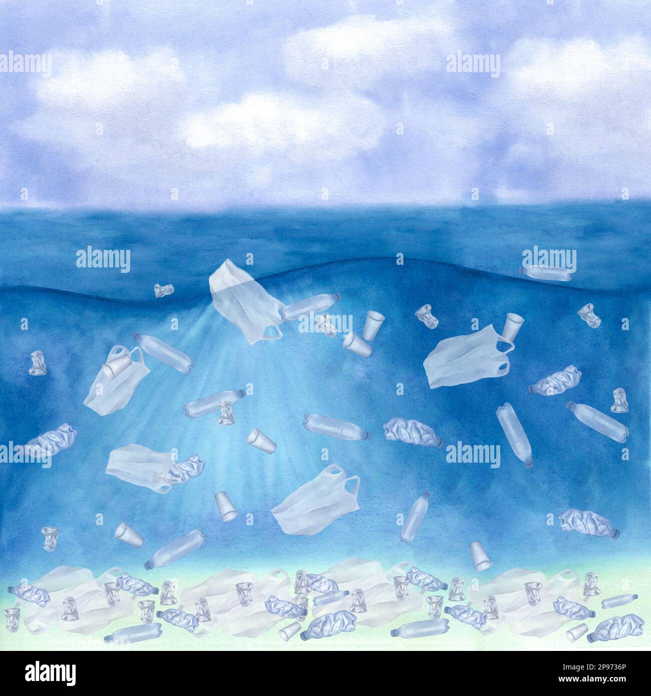 Plastic waste floats in the ocean. Environmental marine pollution ...