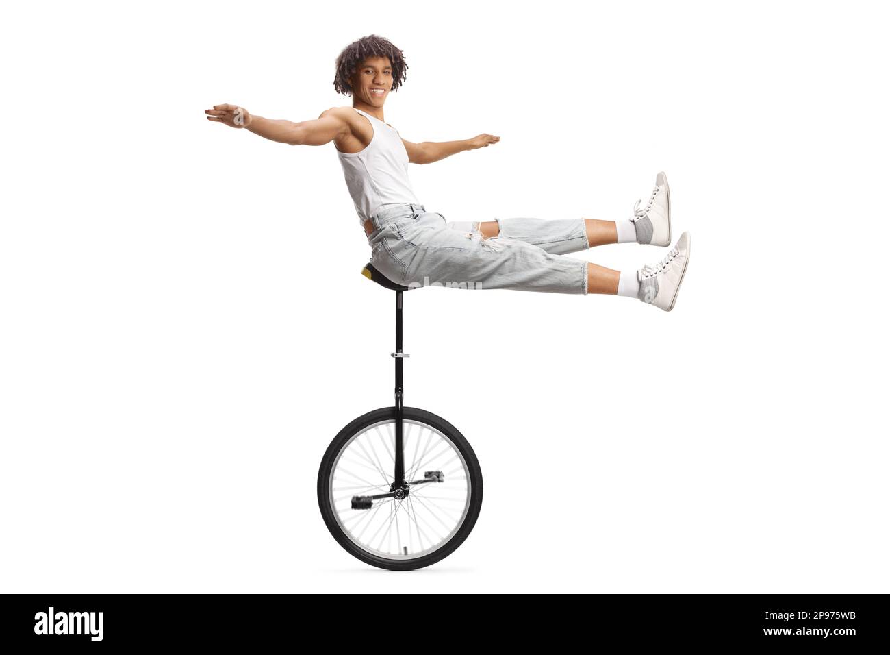 African american acrobat sitting on a monocycle isolated on white ...