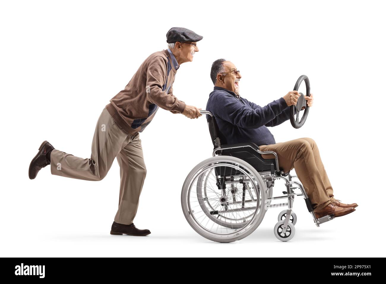 Full length profile shot of an elderly man pushing a mature man in a ...