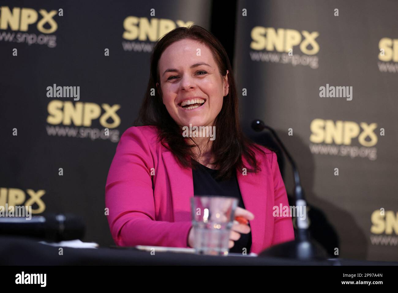 SNP leadership candidate Kate Forbes, reacts during a SNP leadership ...