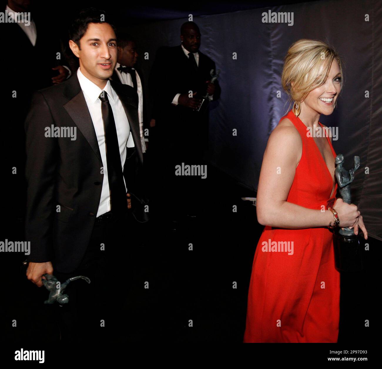 Maulik Pancholy, left, and Jane Krakowski are seen backstage with their ...