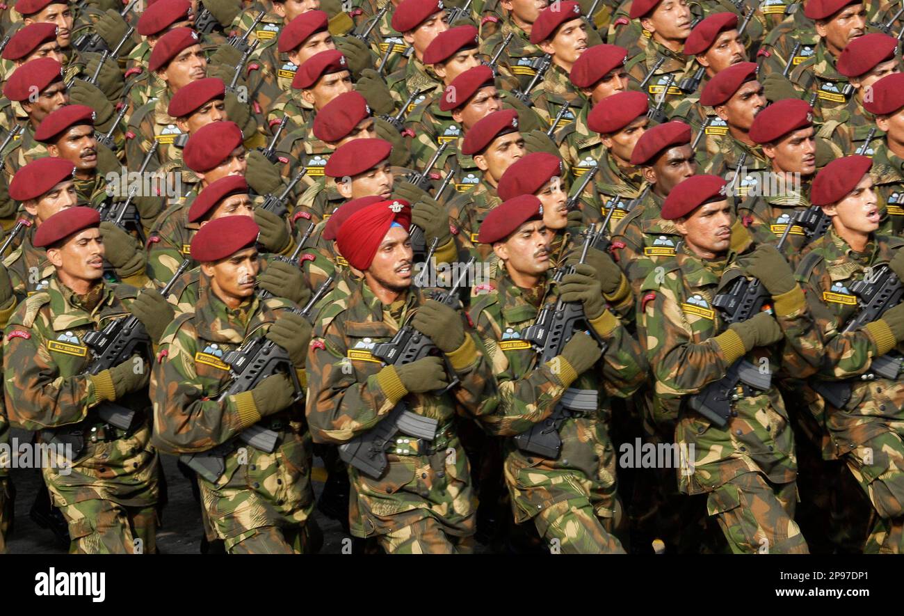 Indian Army soldiers of the Parachute Regiment march past during the ...