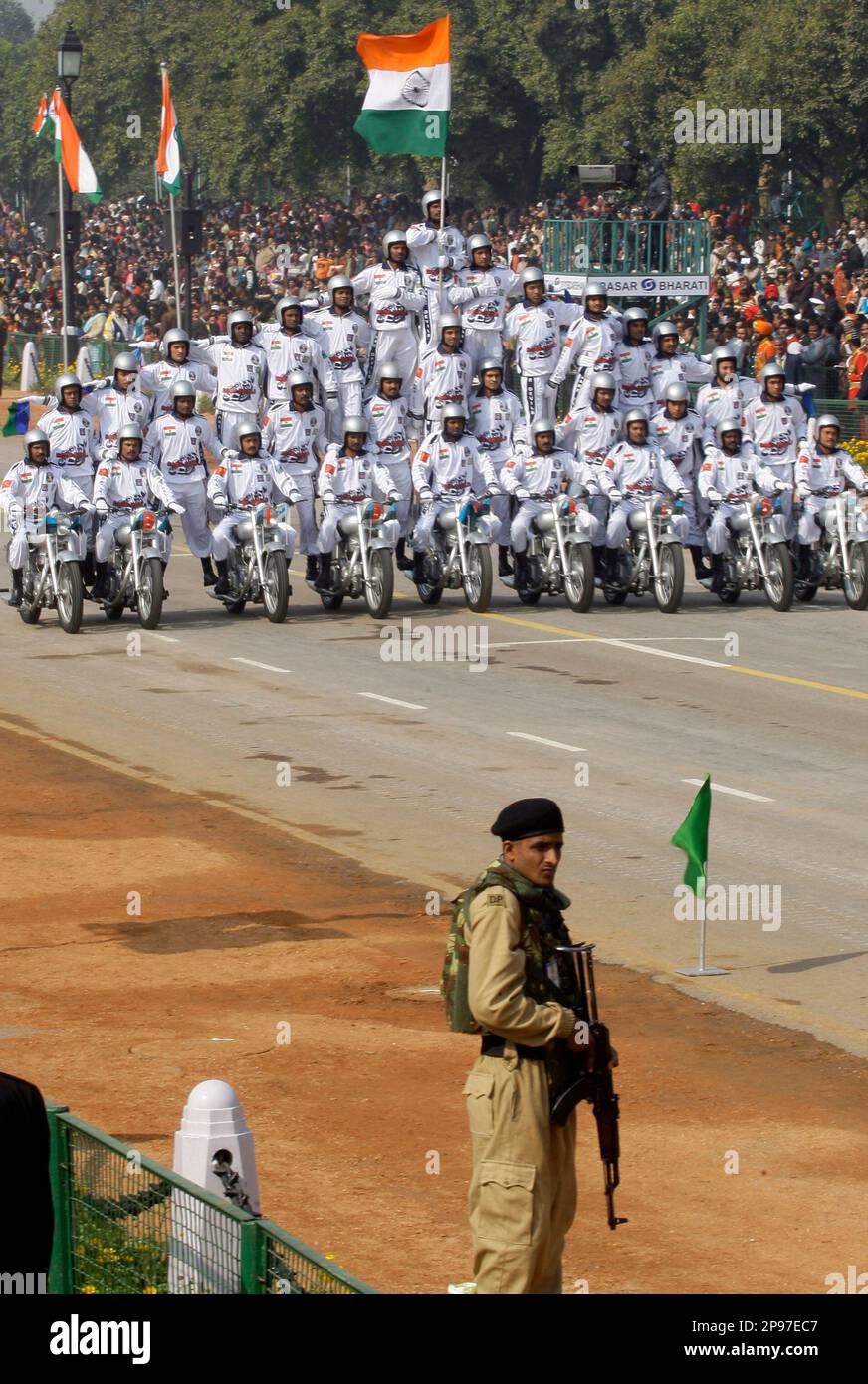 Indian Army soldiers of the Corps of Signals perform motorcycle stunts ...