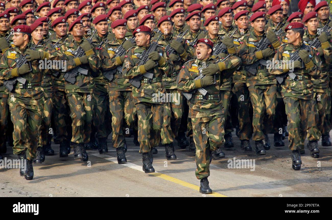 Indian Army soldiers of the Parachute Regiment march past during the ...