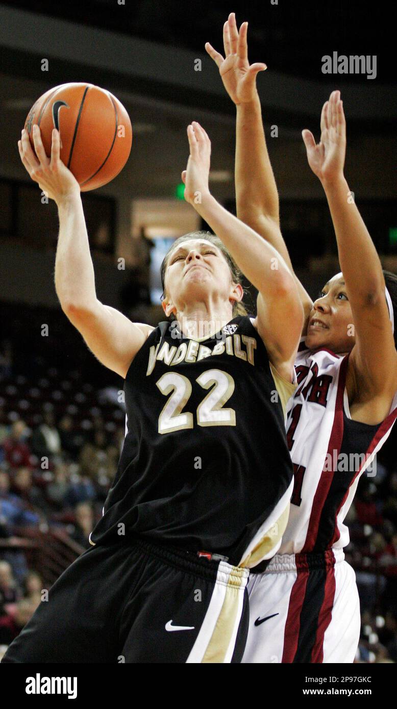 Vanderbilt guard Jence Rhoads, left, shoots as South Carolina guard ...