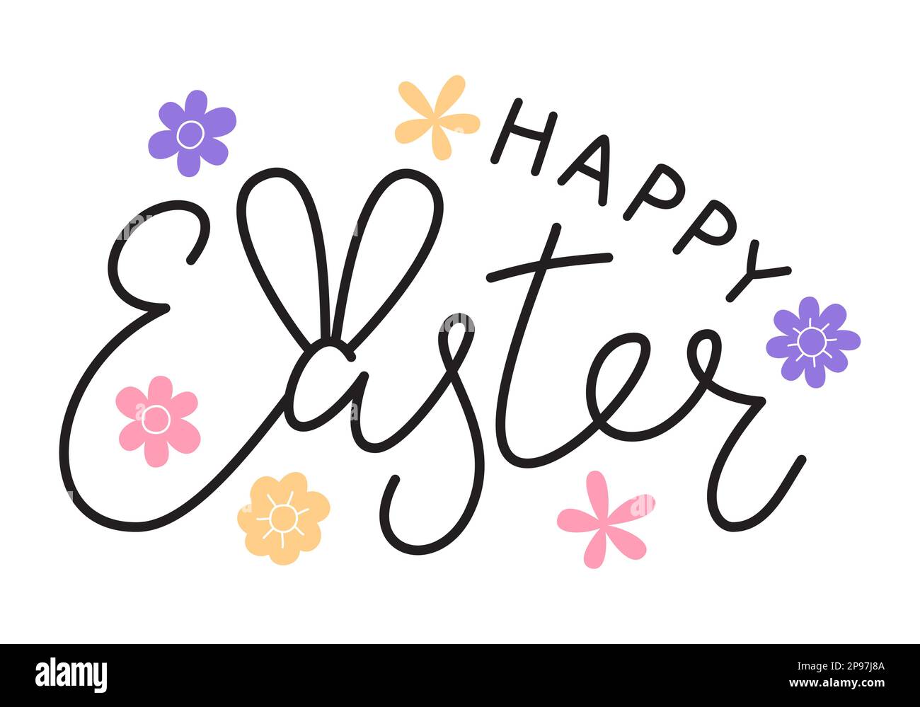 Happy Easter Lettering With Flowers And Bunny Ears Stock Vector Image