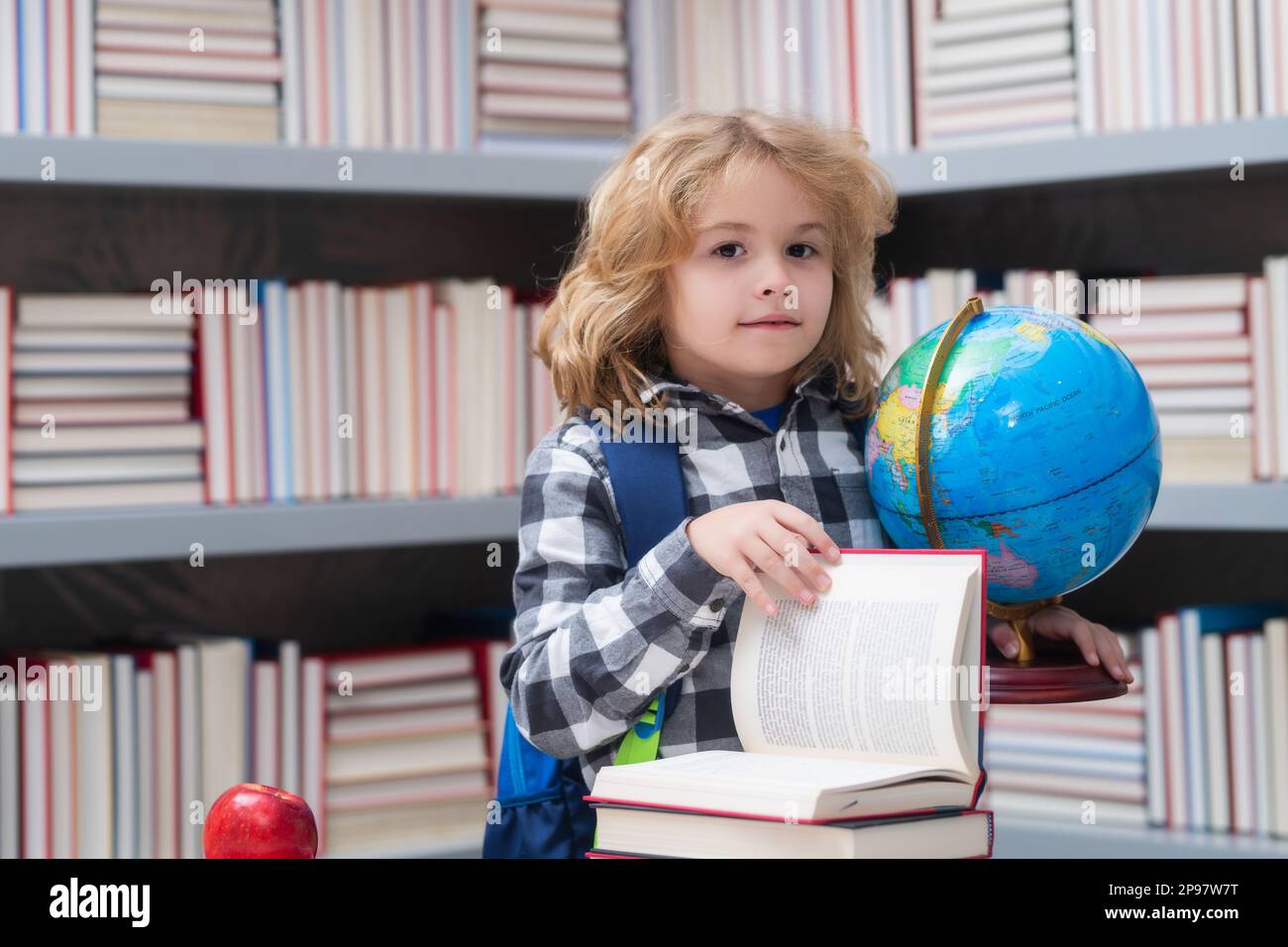 Nerd pupil. Clever child from elementary school with book. Smart genius intelligence kid ready ...