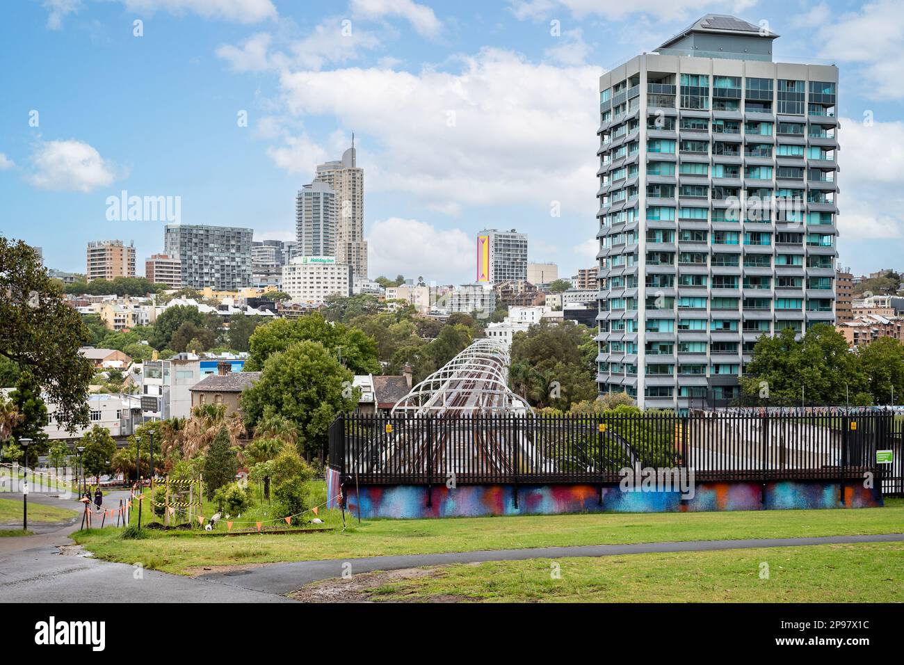 Twin railway lines, part of the Sydney rail network, passing under park ...