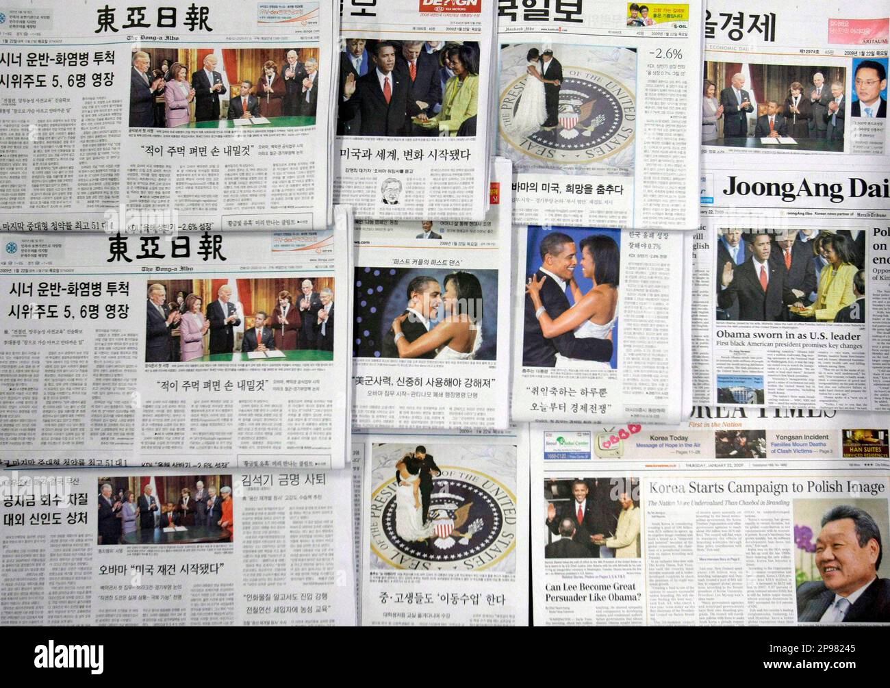 A set of South Korean newspapers shows front pages reporting President ...