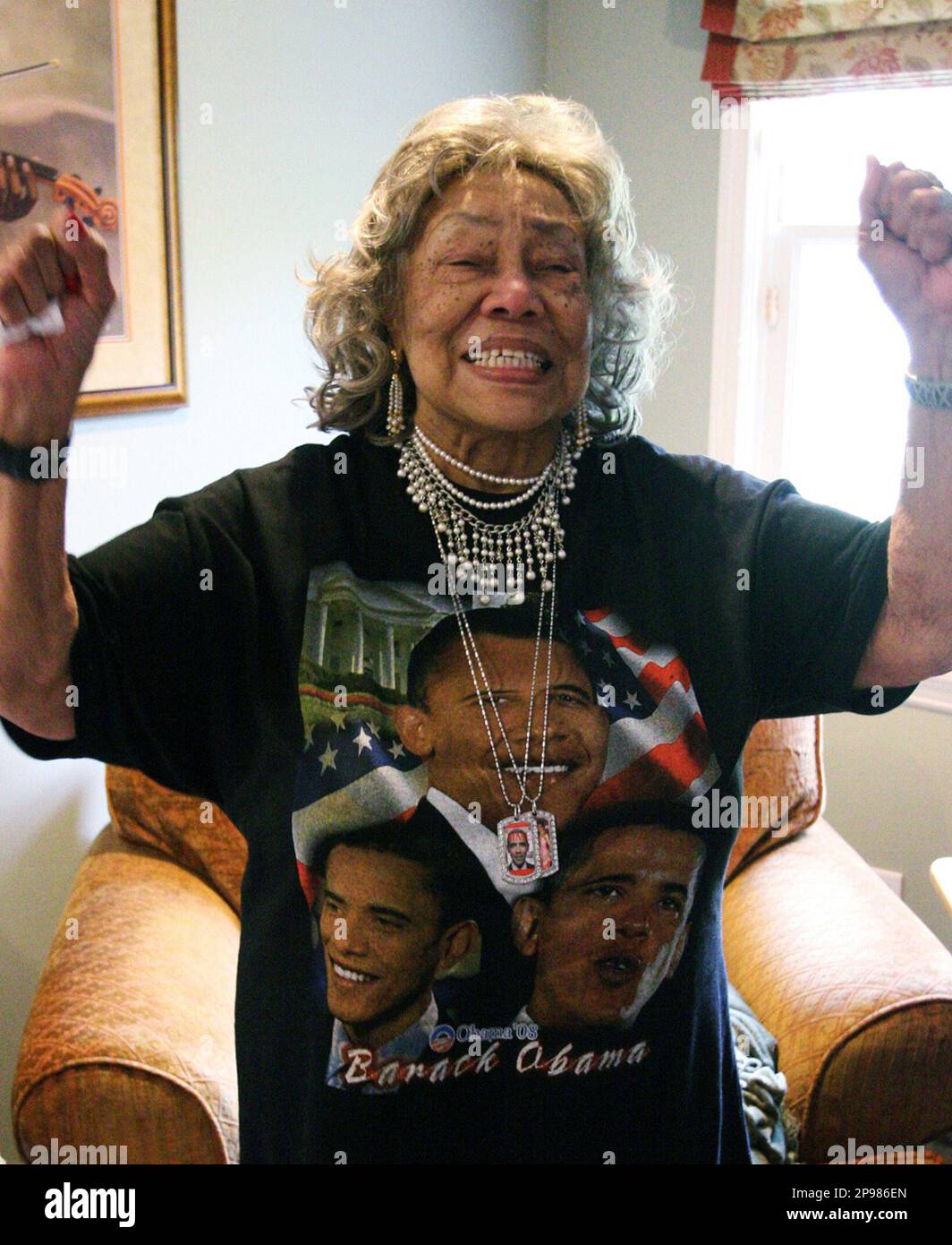 Aunt Vikki Strange, 86, of Altadena, Calif. cheers during President ...