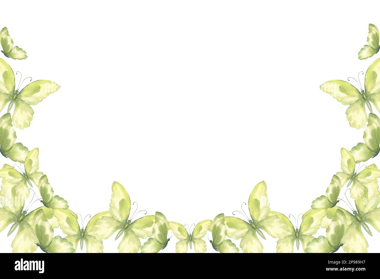 Watercolor illustration with delicate green butterflies flying in the ...