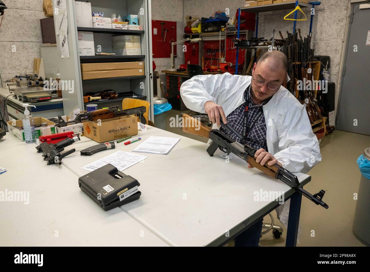 An AK-47 Kalashnikov machine gun is seen in the ballistics laboratory ...