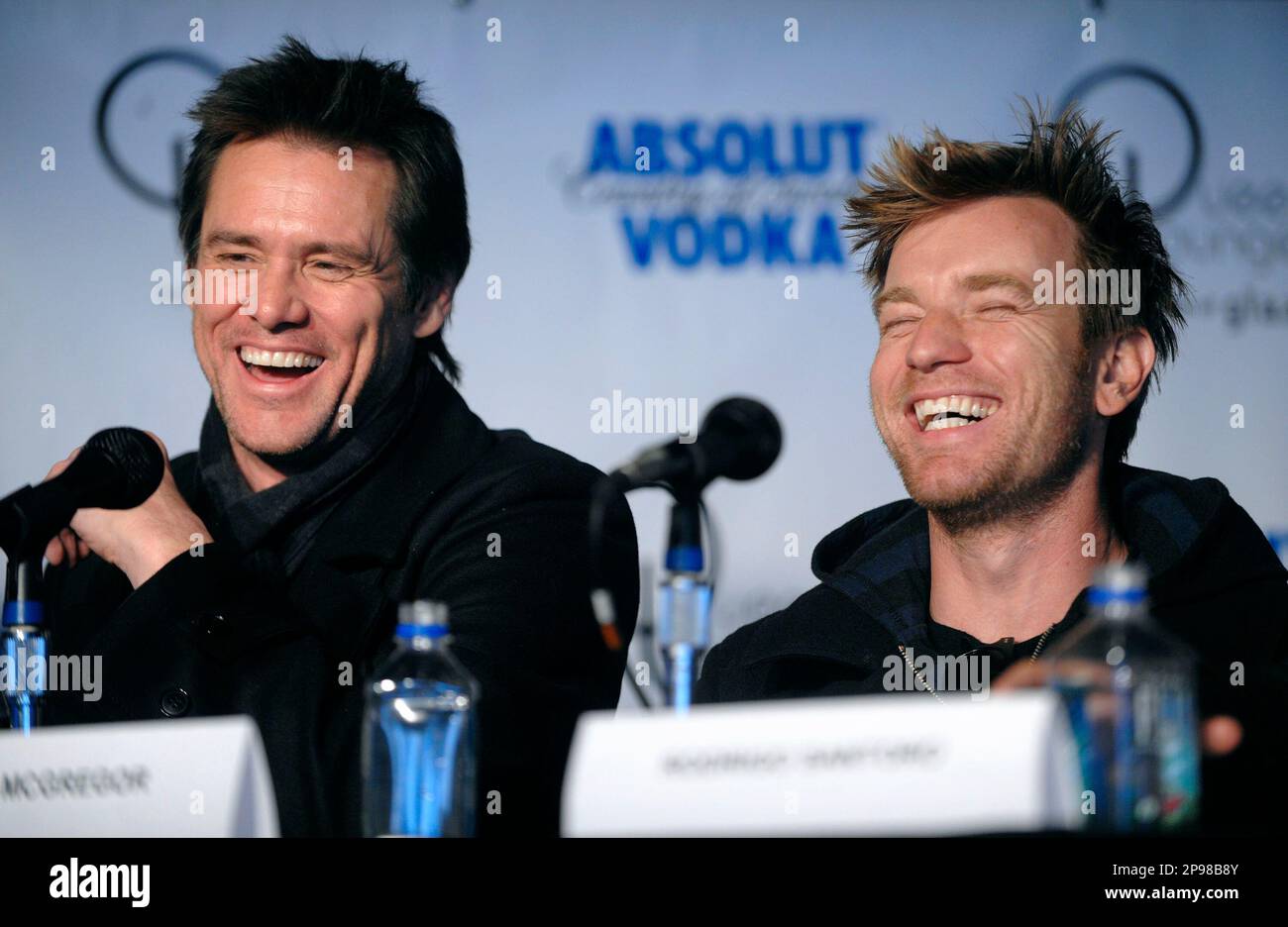 Actors Jim Carrey, left and Ewan McGregor speak at a press conference ...