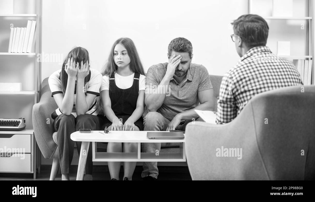 father mother and child at psychologist session. family therapy ...