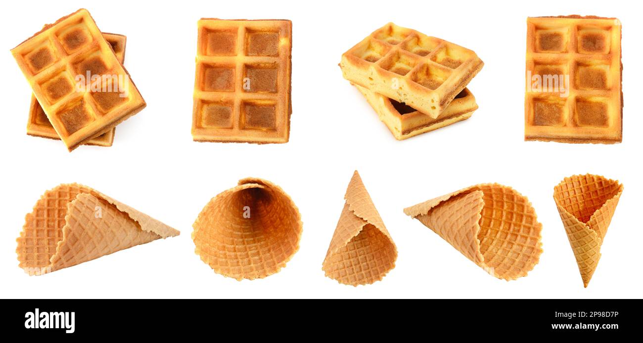 Collection Of Waffles And Waffle Cones For Ice Cream Isolated On White