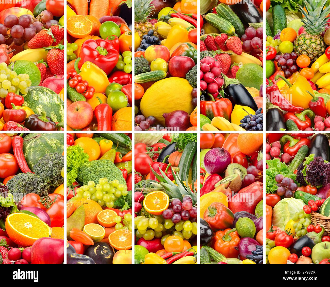 Background of fresh bright vegetables and fruits separated by vertical ...