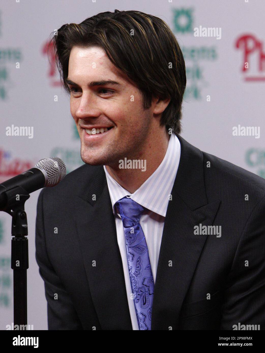 Philadelphia Phillies' pitcher Cole Hamels listens to a question during ...