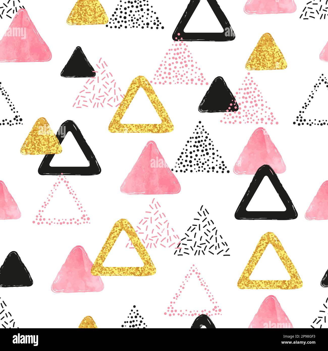 Seamless pattern with pink, black and golden triangles. Vector abstract ...