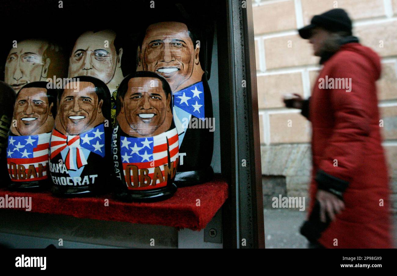 Matryoshkas, traditional wooden Russian nesting dolls, depicting U.S ...