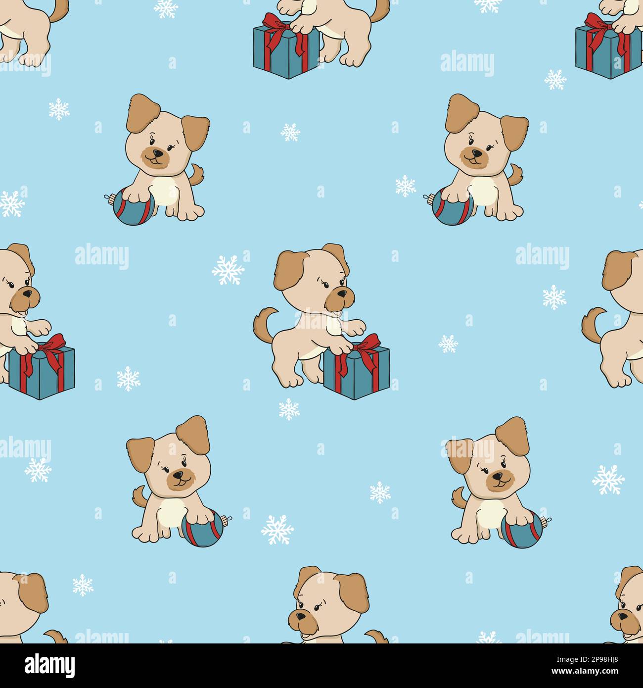 Seamless Christmas pattern with cute puppies. Vector holiday background ...