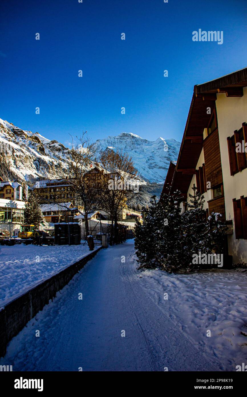 Beautiful sunny day in the snowy Swiss Alps, with the best views of the ...