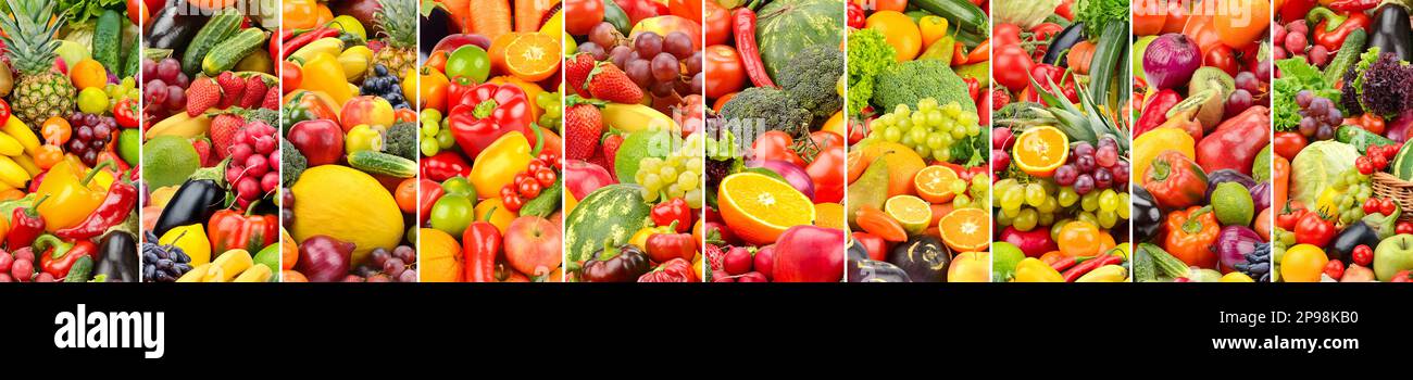 Wide background of fresh bright vegetables and fruits separated by ...