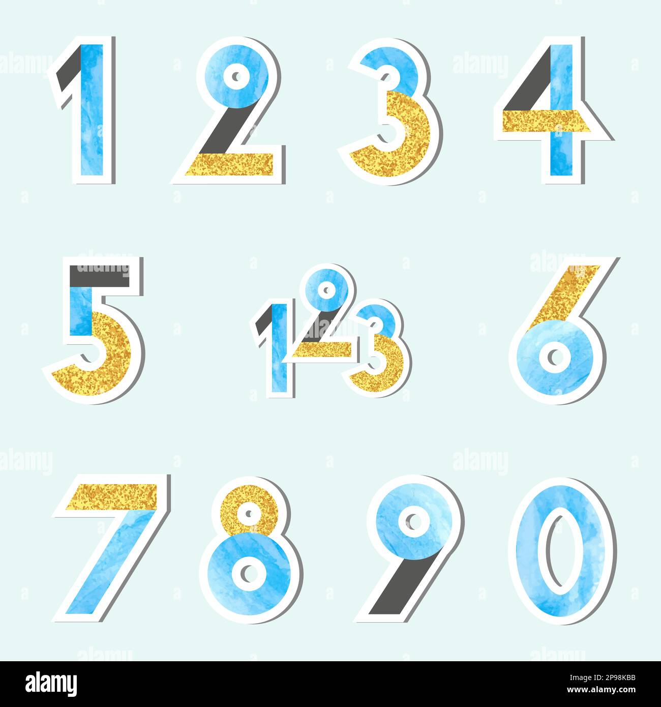 Set of vector numbers in watercolor blue and glittering golden colors ...