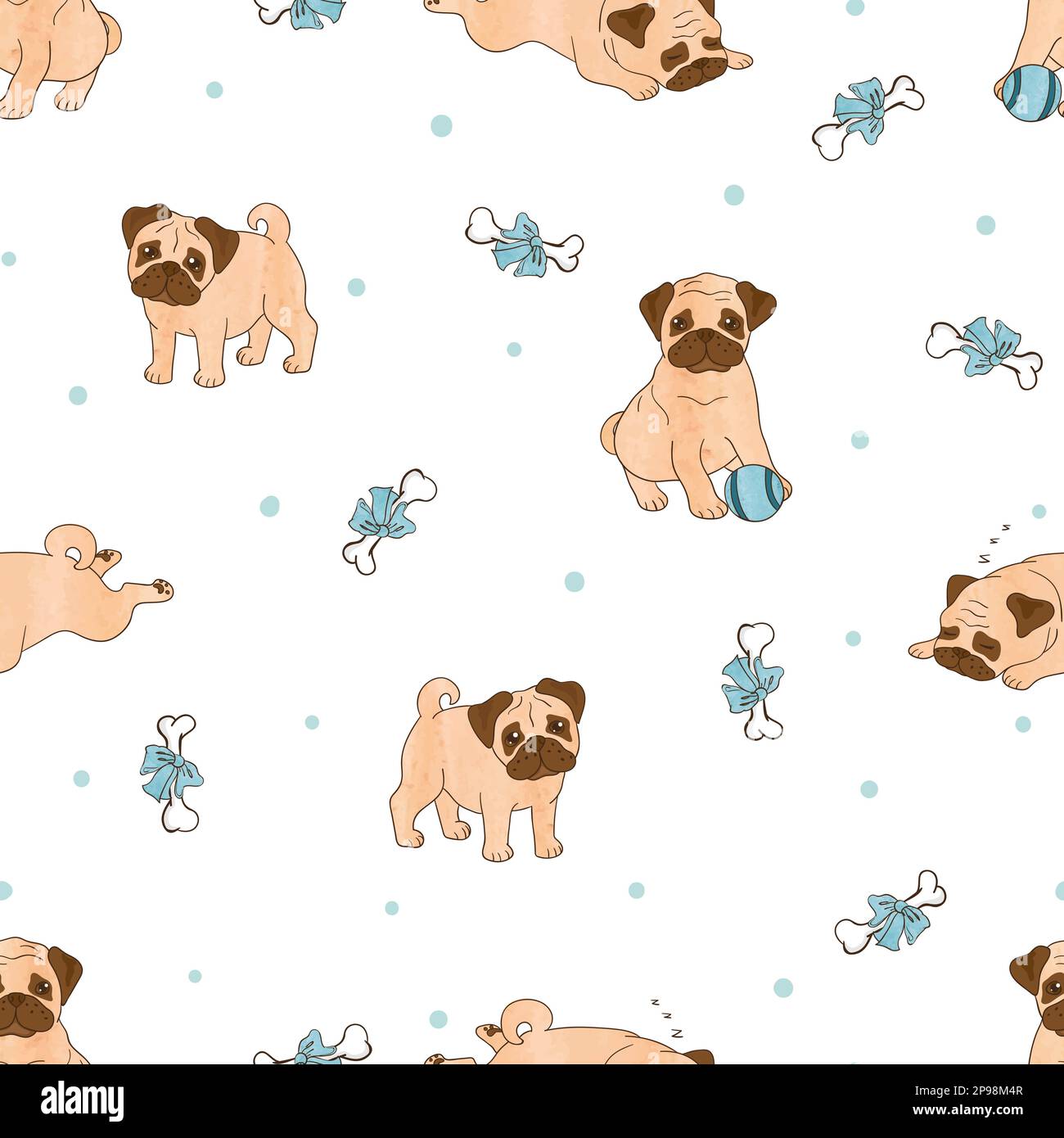 Seamless cute pugs pattern. Vector background with cartoon dogs Stock ...