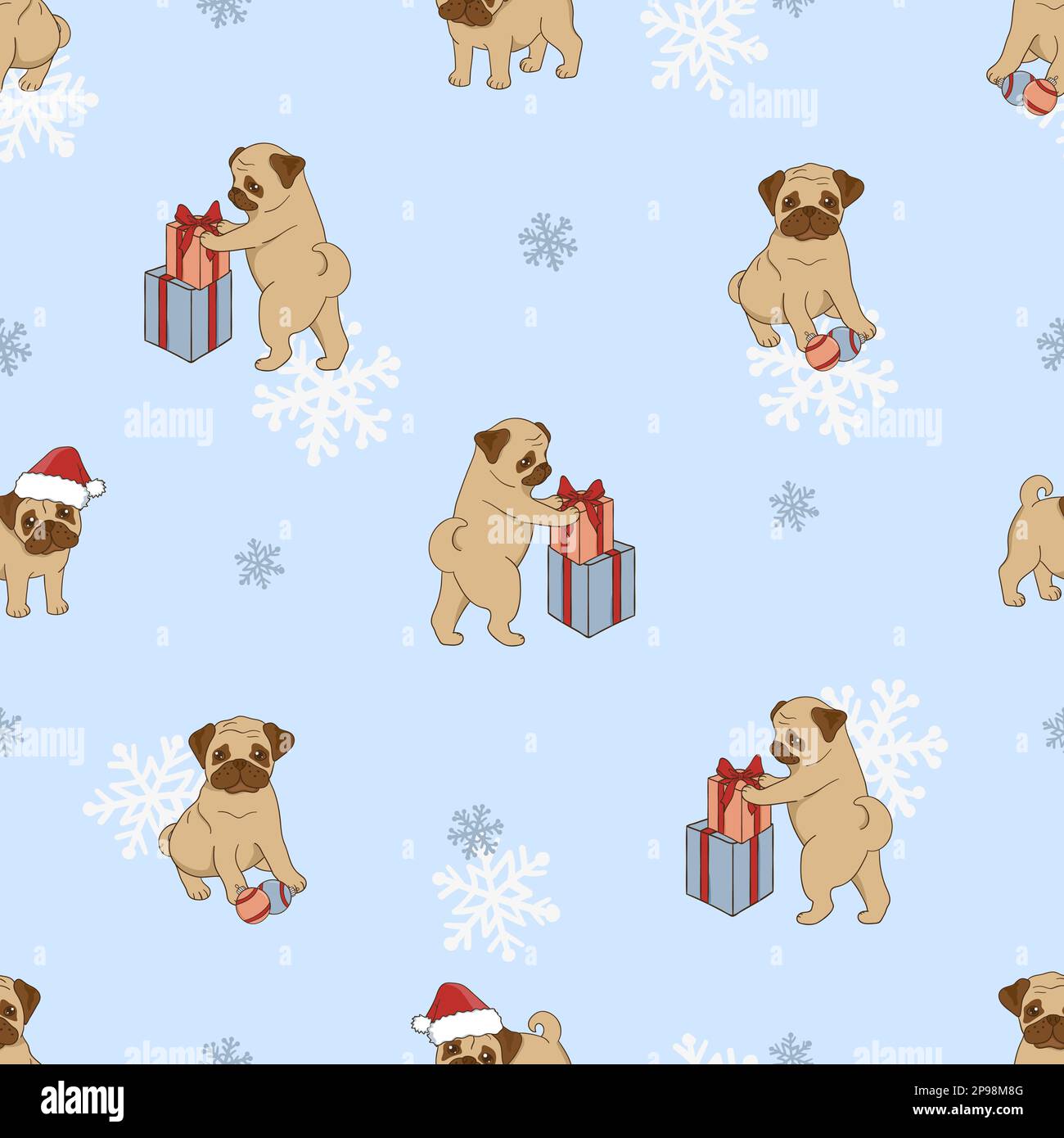Christmas pattern with cute pugs. Vector holiday background with ...