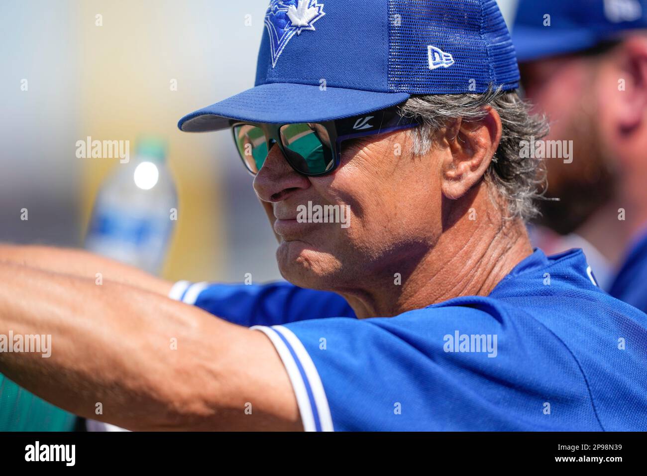 Toronto Blue Jays bench coach Don Mattingly watches from the dugout in ...