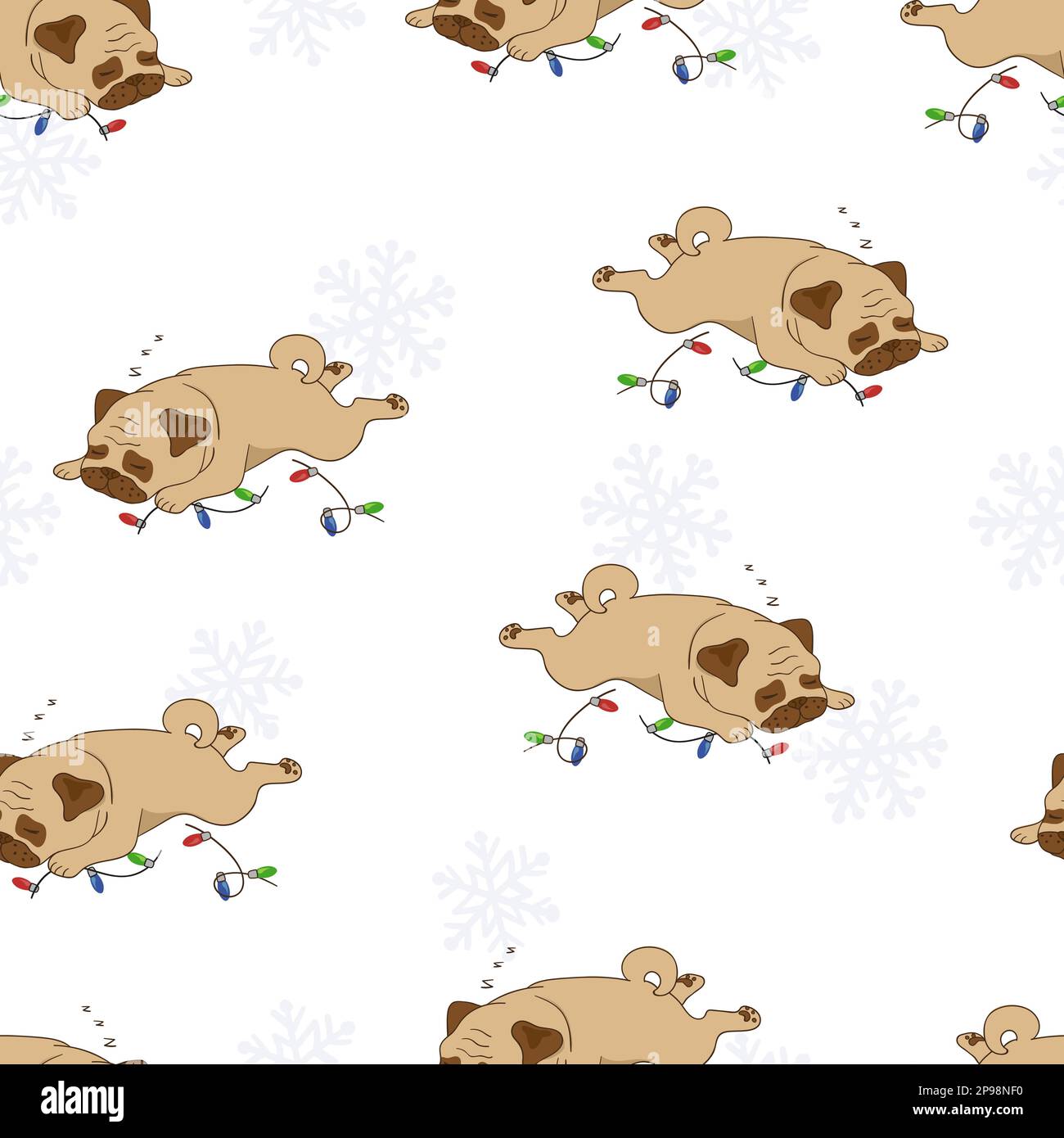 Seamless sleeping pugs and Christmas lights pattern. Vector holiday ...