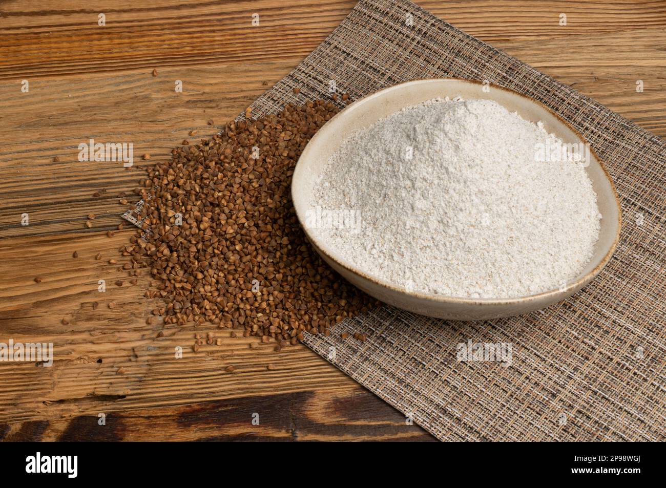 Buckwheat Flour Pile in Wood Bowl, Dry Buck Wheat Powder, Buckwheat ...