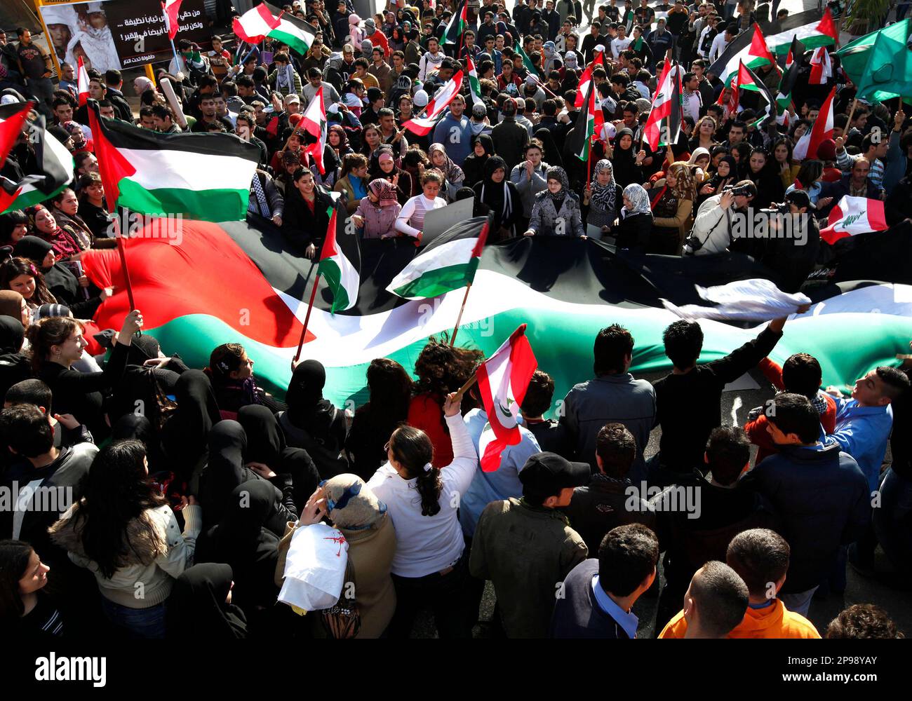 Lebanese student protesters wave a huge Palestinian flag during a ...