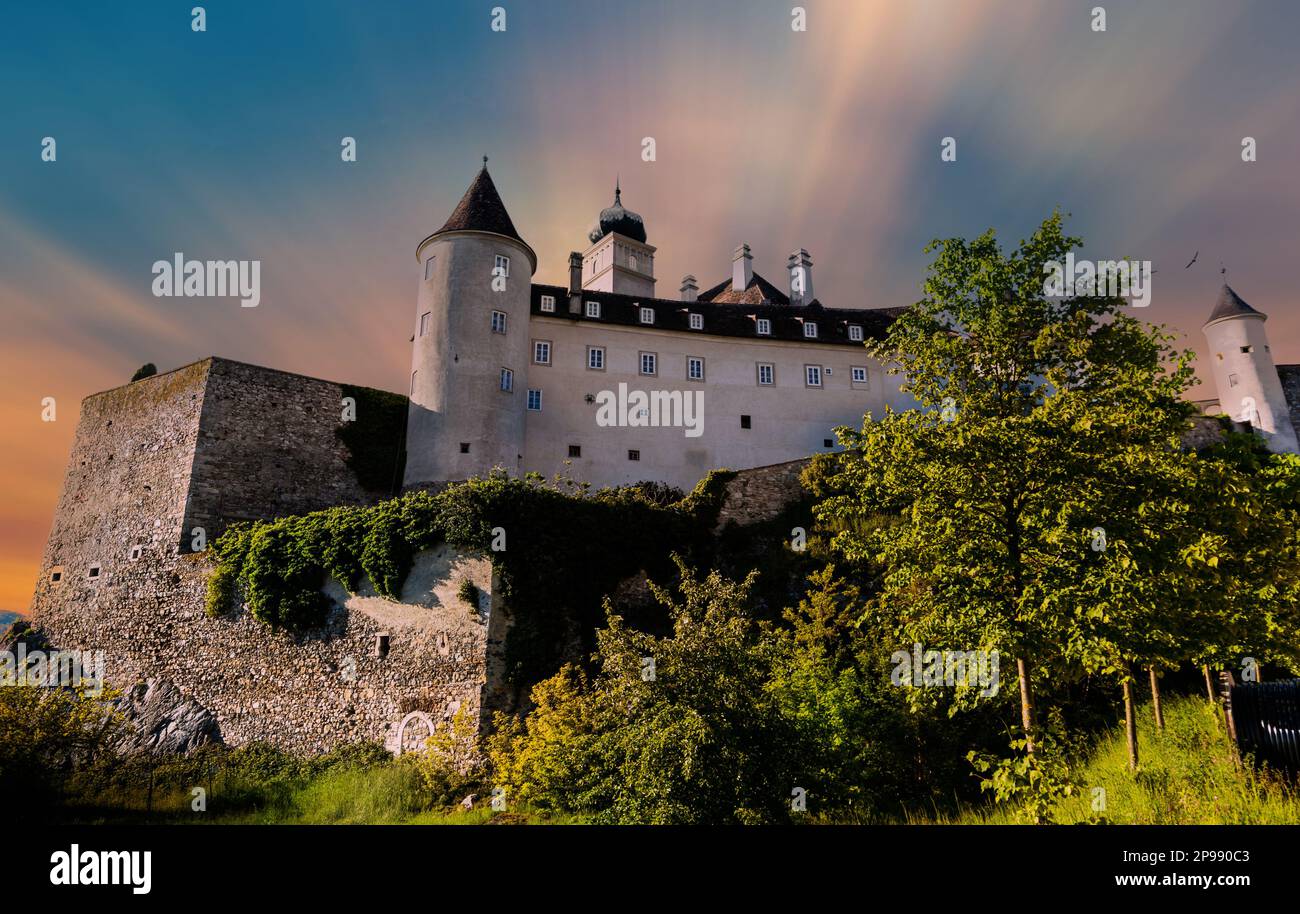 The medieval Schonbuhel castle, built on a rock on Danube river in ...