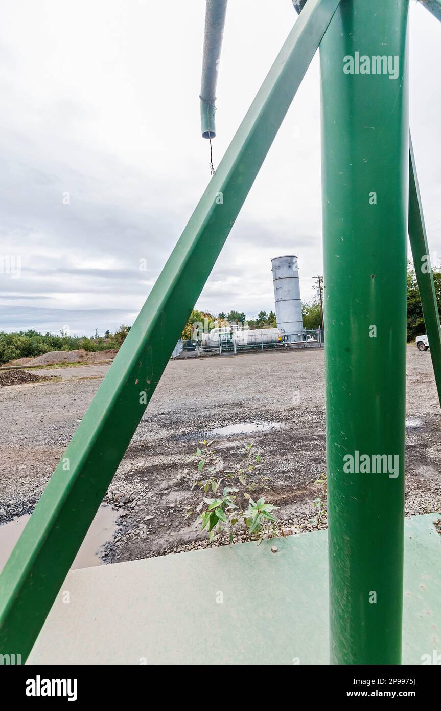 An elevated green pipe and pedestal support for liquid or gas delivery ...