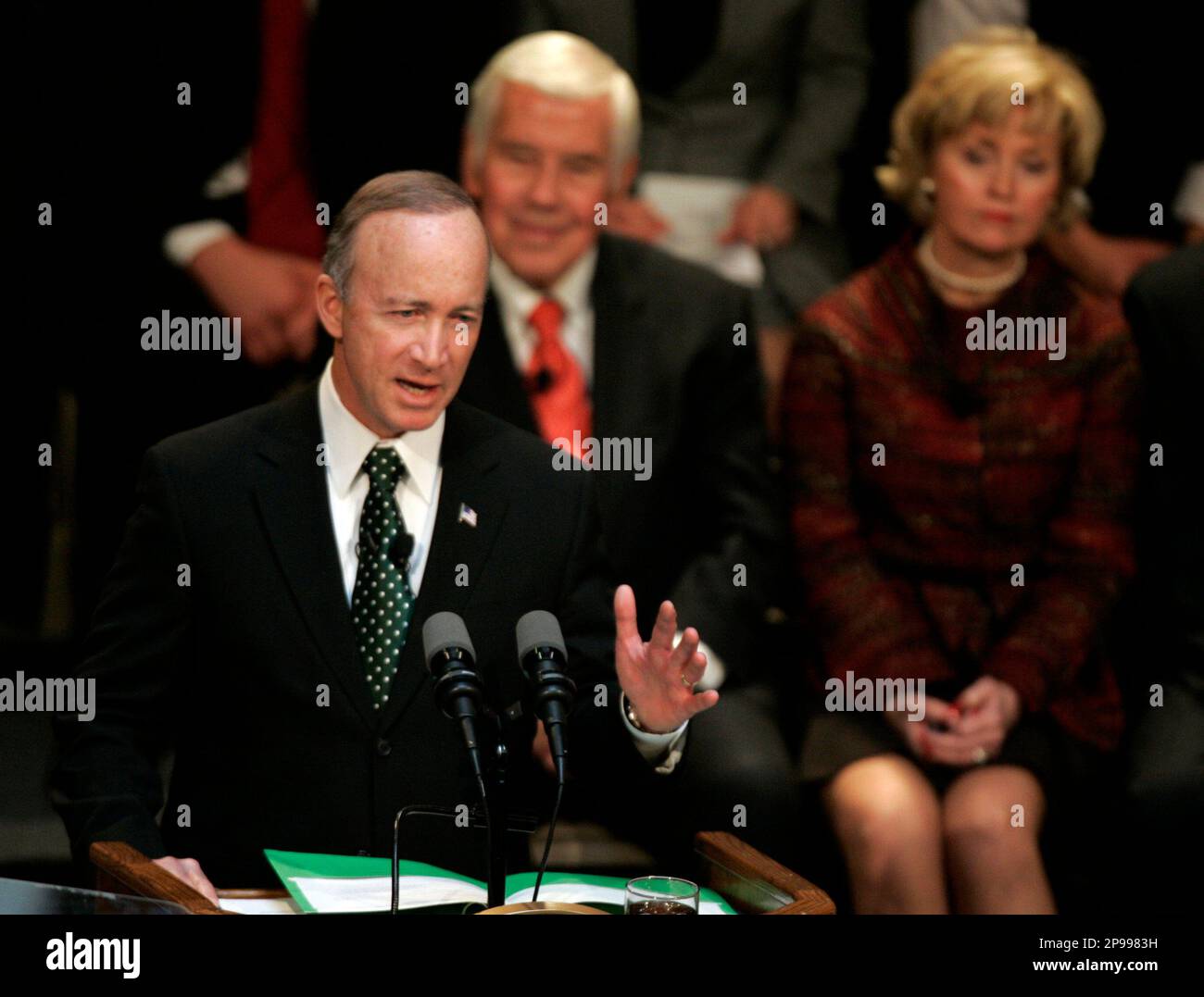 Indiana Gov. Mitch Daniels, speaks after taking the oath of office ...